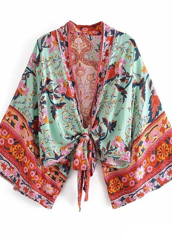 Cropped Boho Kimono Green Floral Sash Tie | Boho Mood