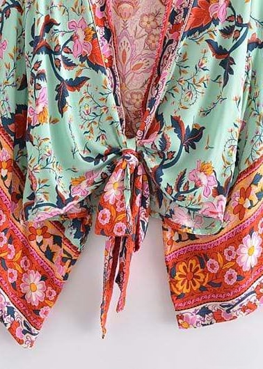 Cropped Boho Kimono Green Floral Sash Tie | Boho Mood